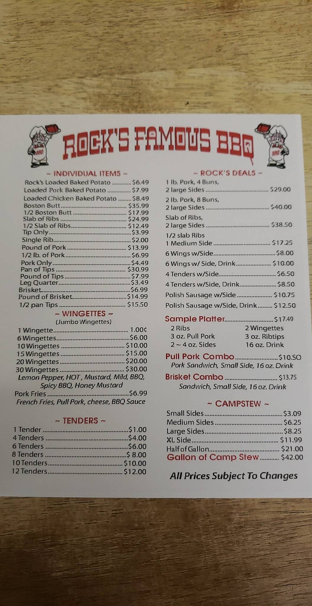 Menu at Rock's Famous BBQ, Prattville