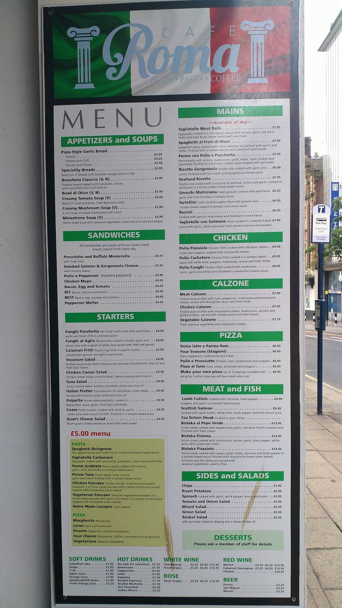 Menu at Roma restaurant, Sheffield