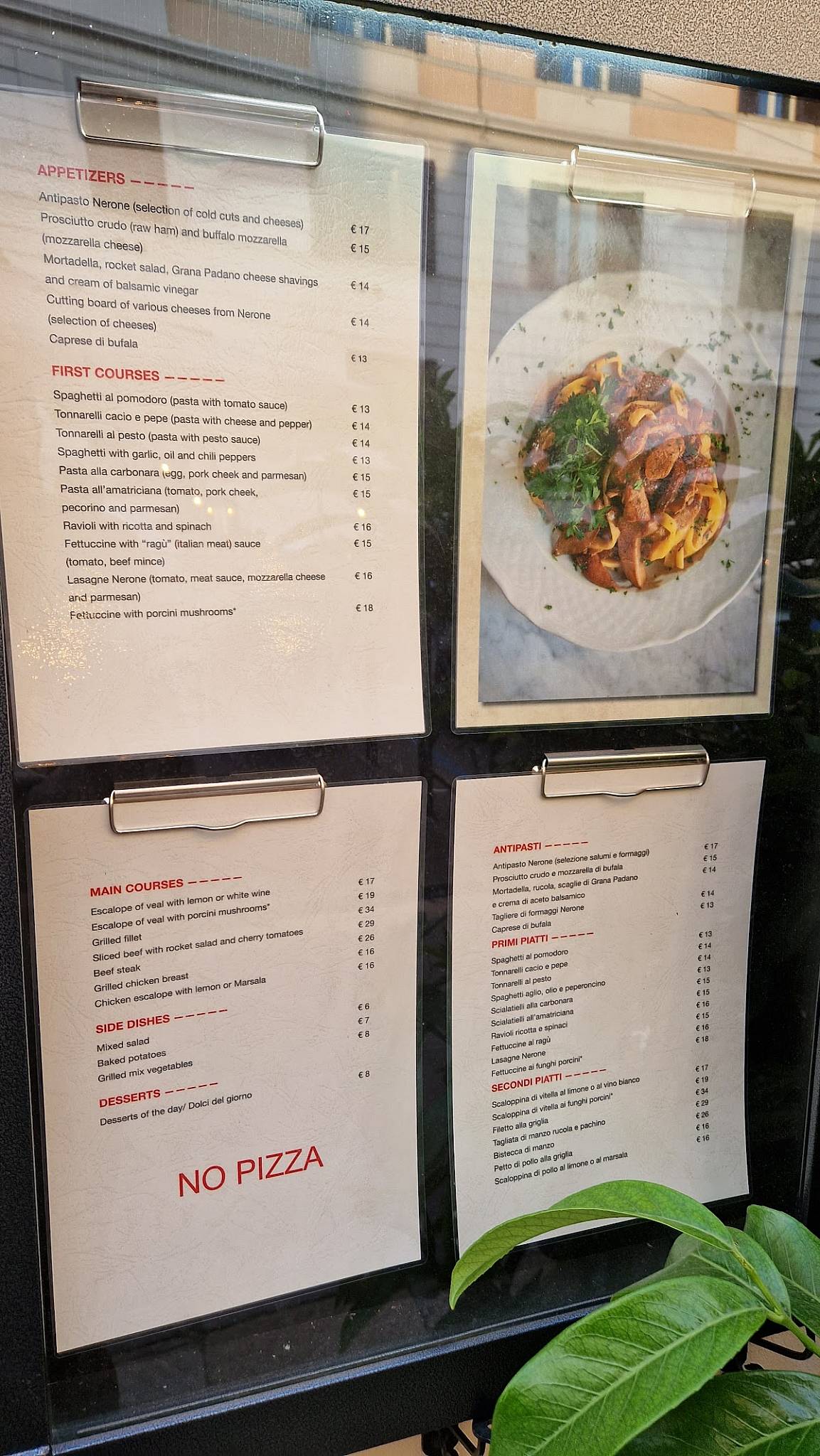 Menu at Nerone pizzeria, Rome, Via del Viminale