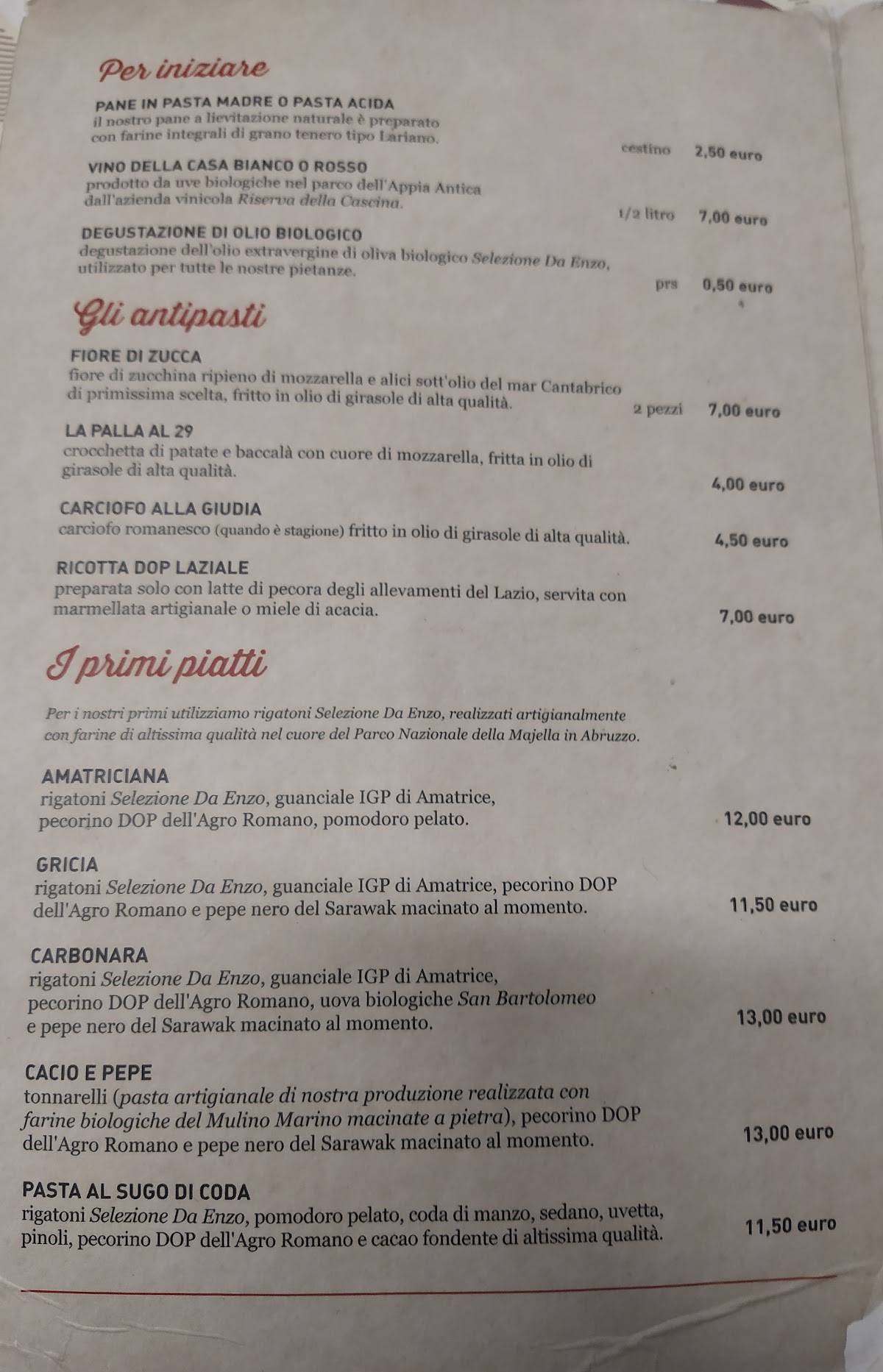 Menu at Trattoria Da Enzo al 29 restaurant, Rome