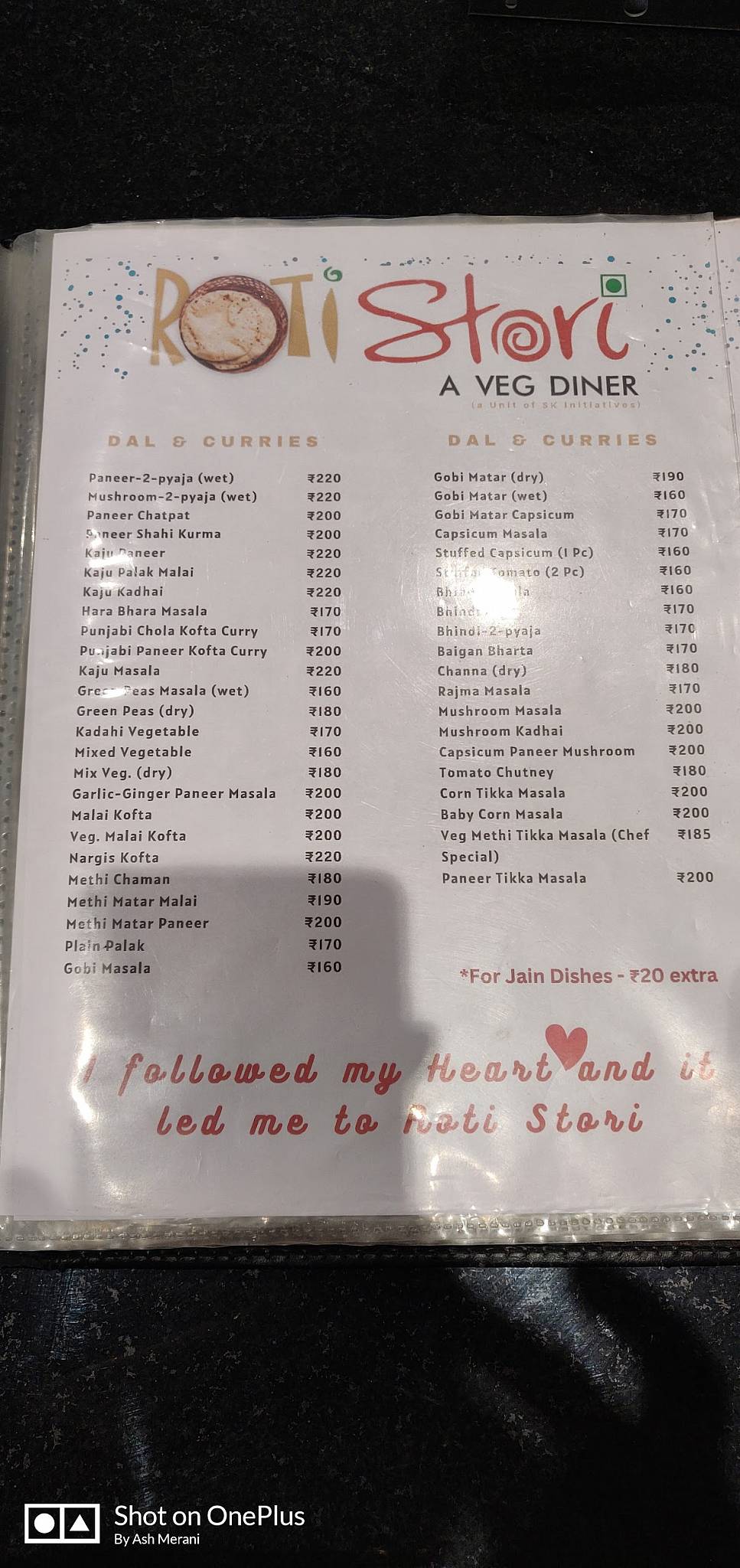 Menu at Roti Stori, Hyderabad