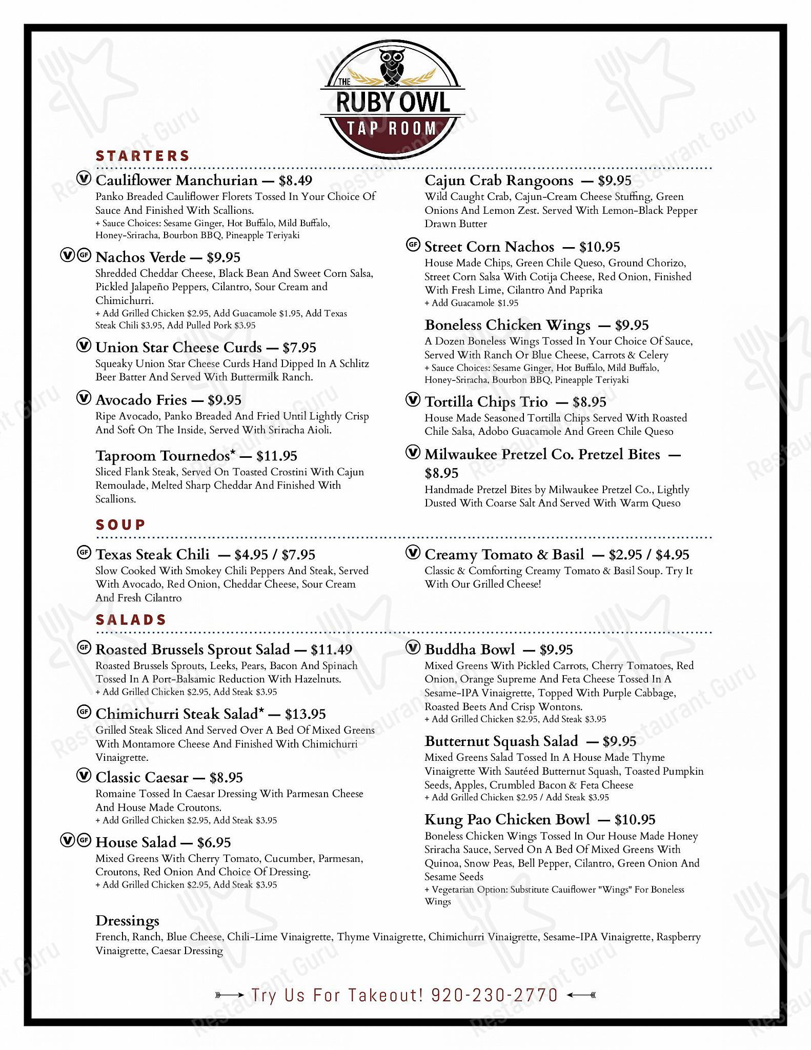 Menu at The Ruby Owl Tap Room pub & bar, Oshkosh
