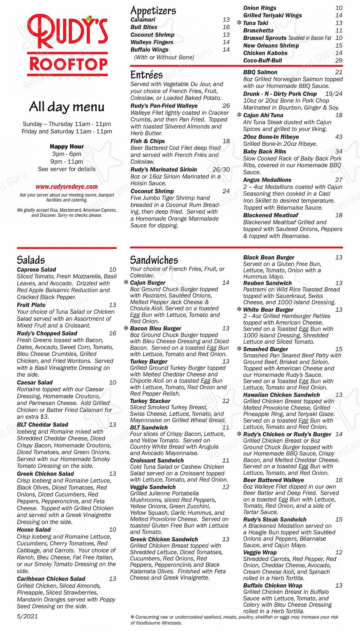 Menu at Rudy's Redeye Grill steakhouse, White Bear Lake, Hwy 61 N