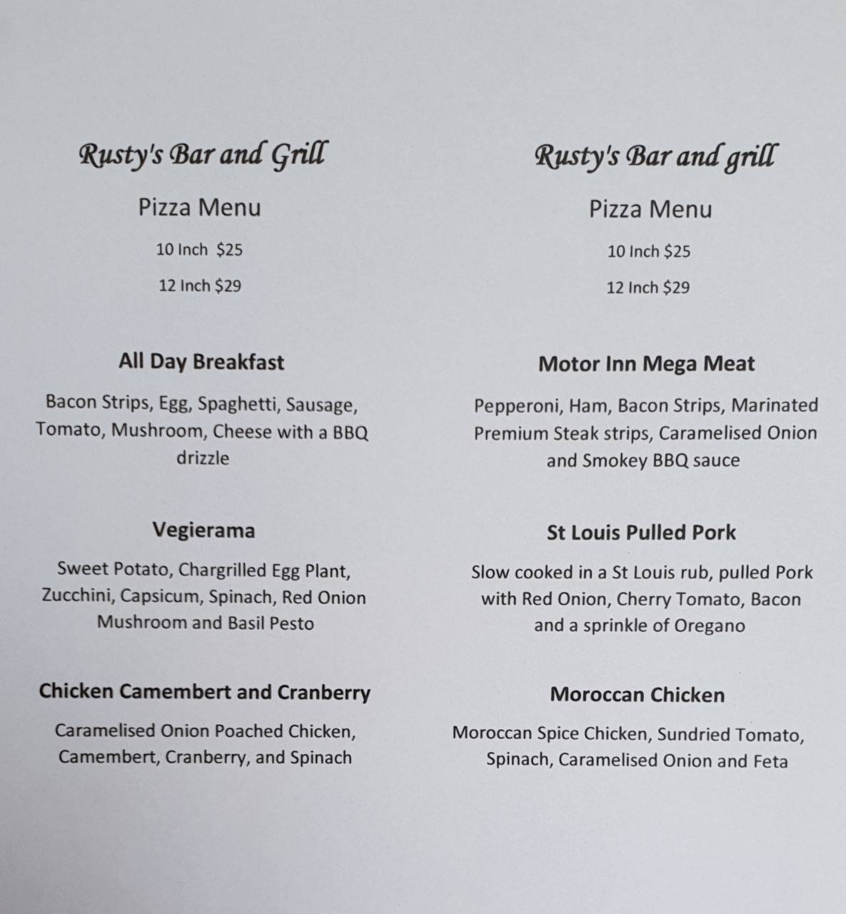 Menu at Rusty’s Bar & Grill, Pittsworth