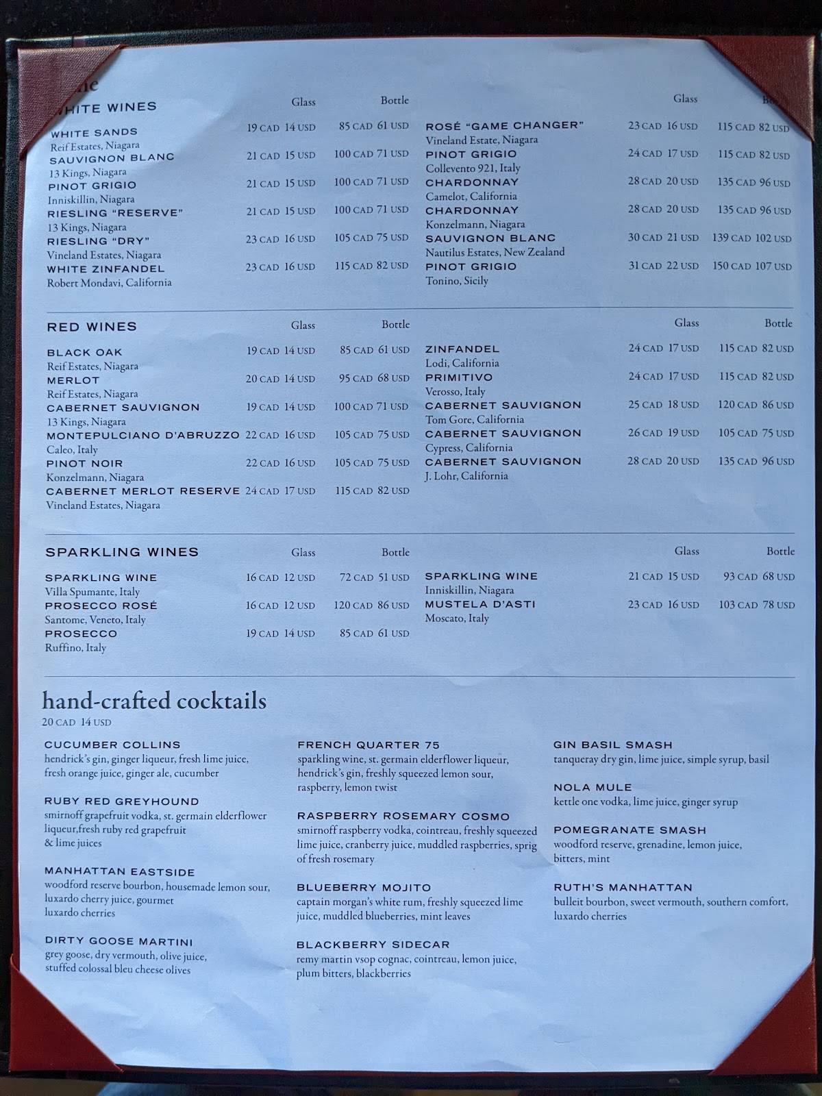 Menu at Ruth's Chris Steak House steakhouse, Niagara Falls, Fallsview Blvd