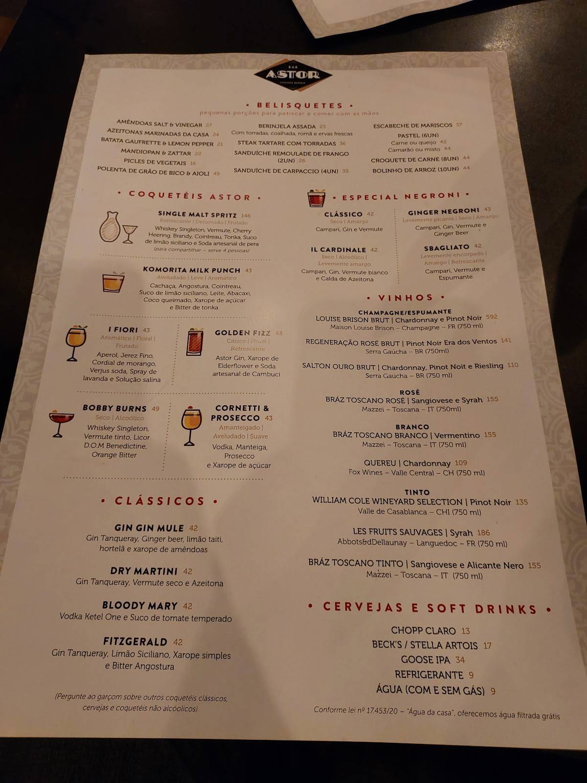 Menu em Bar Astor Oscar Freire, São Paulo, R. Oscar Freire