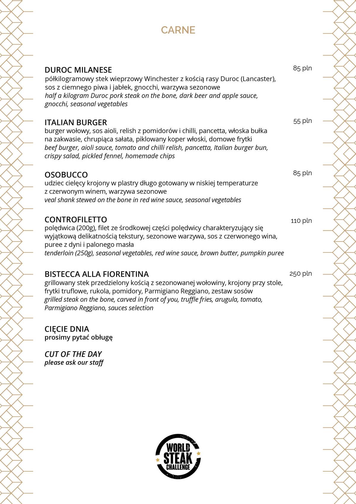 Menu at SASSY restaurant, Gdańsk