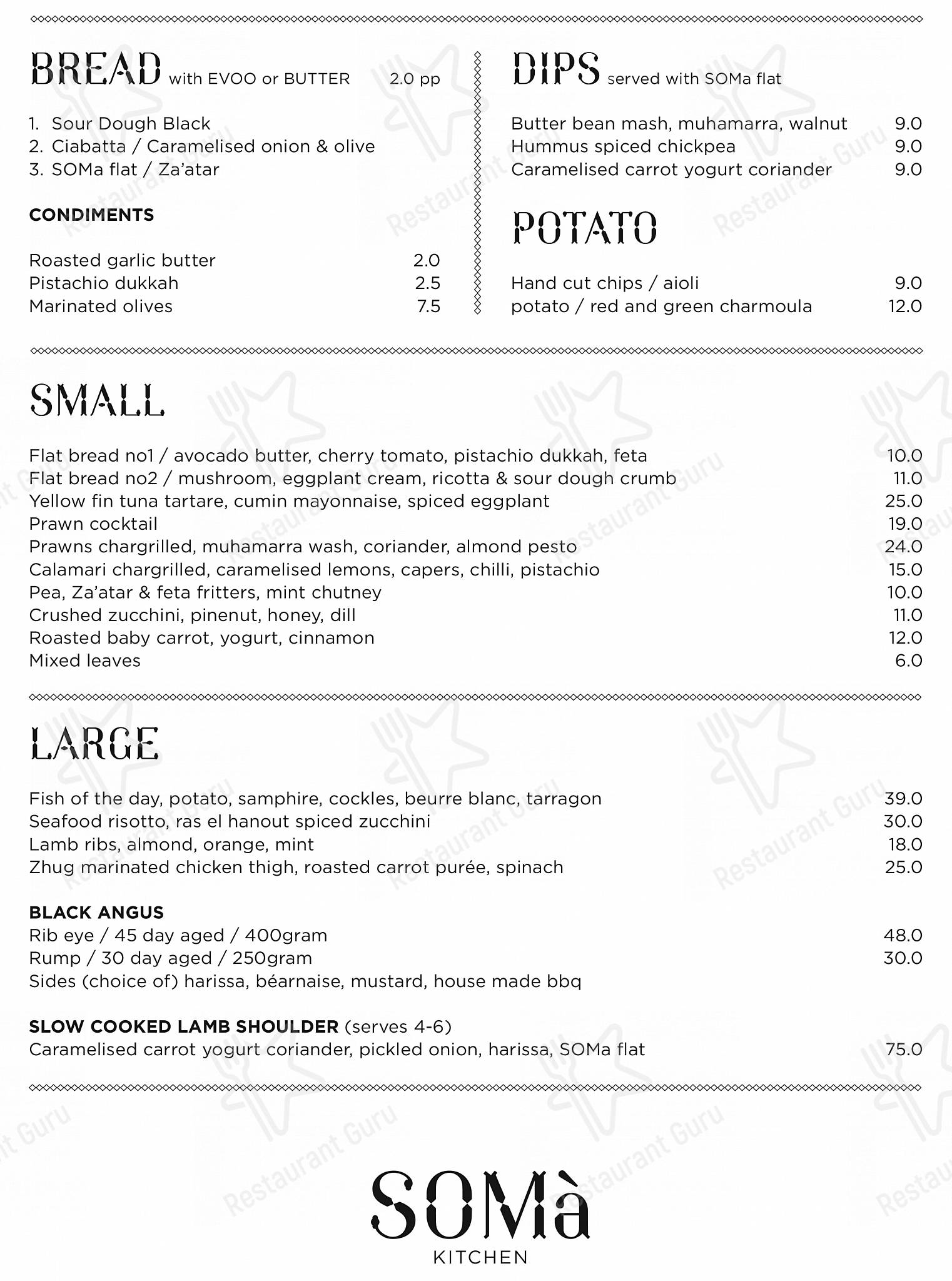 Menu at SOMa cafe, North Coogee