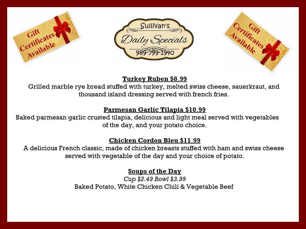 Menu at Sullivan's Food & Spirits restaurant, Saginaw