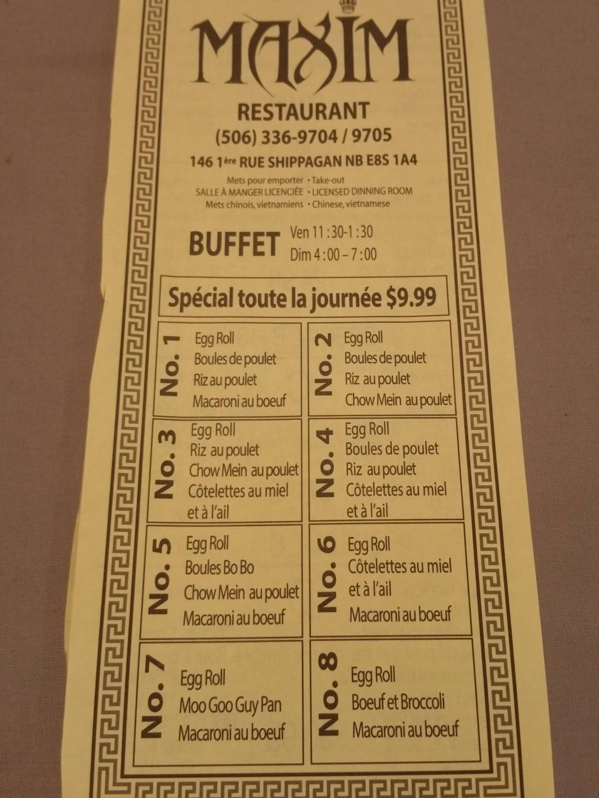 Menu au Saigon Maxim restaurant, Shippagan