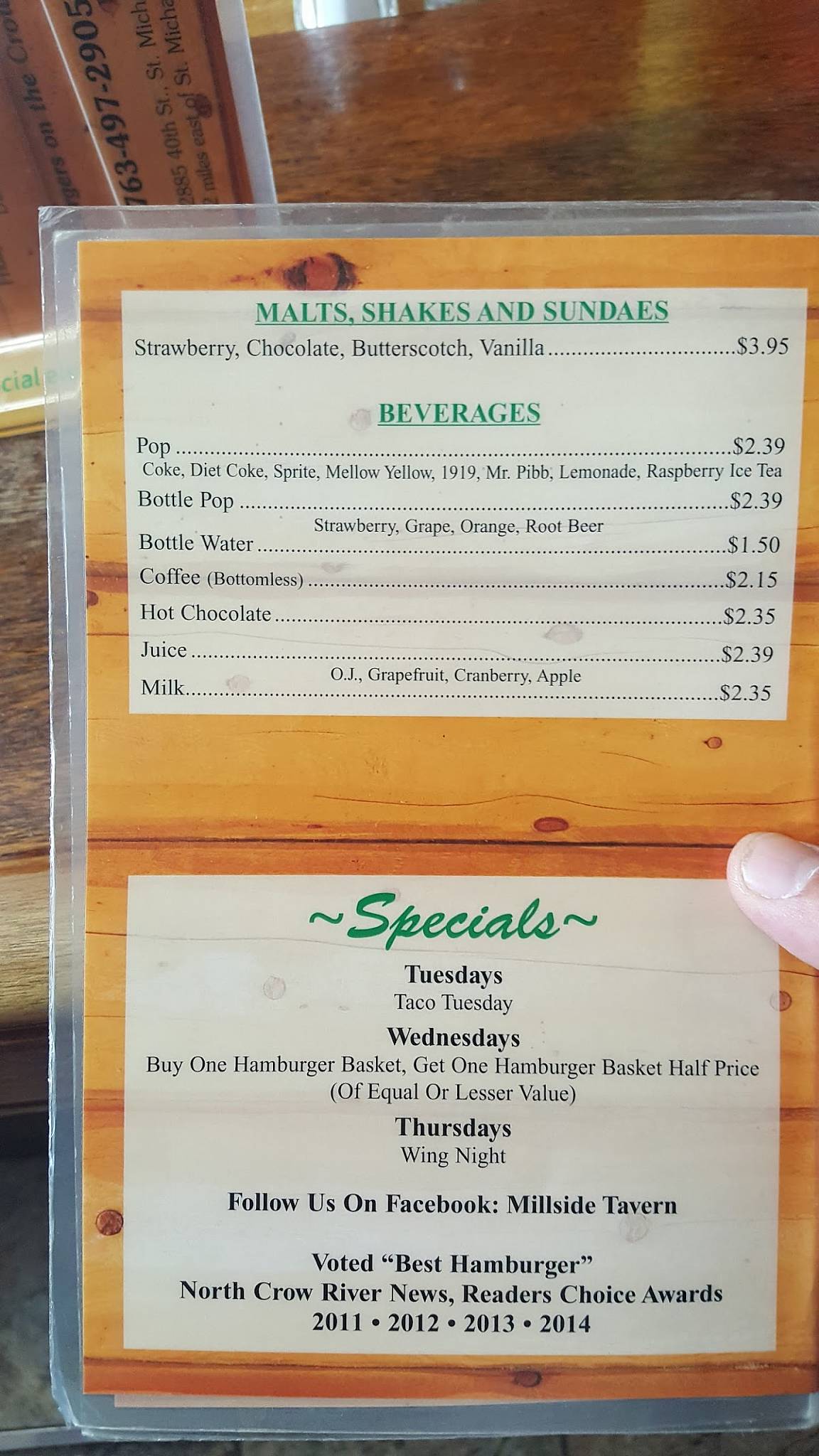 Menu at Millside Tavern pub & bar, Saint Michael
