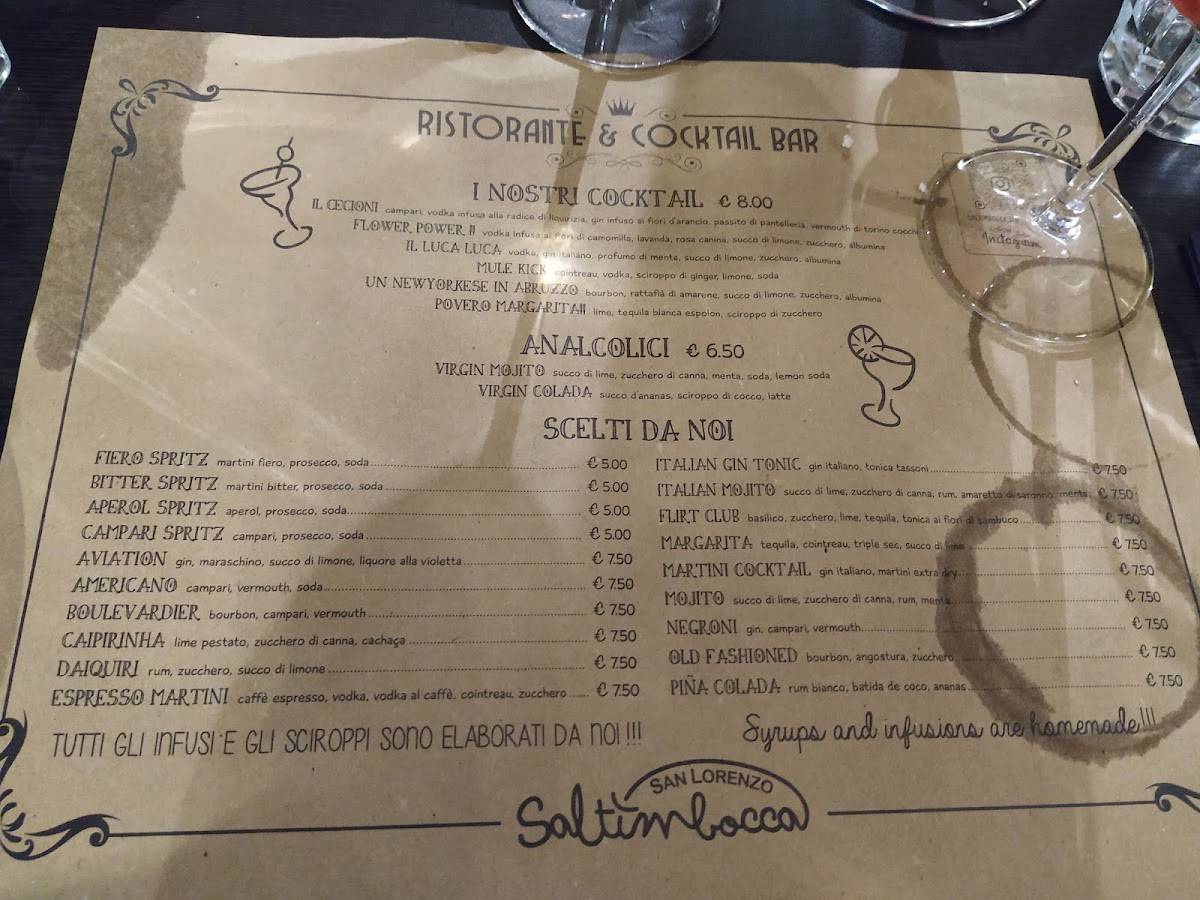 Menu at Saltimbocca San Lorenzo restaurant, Rome
