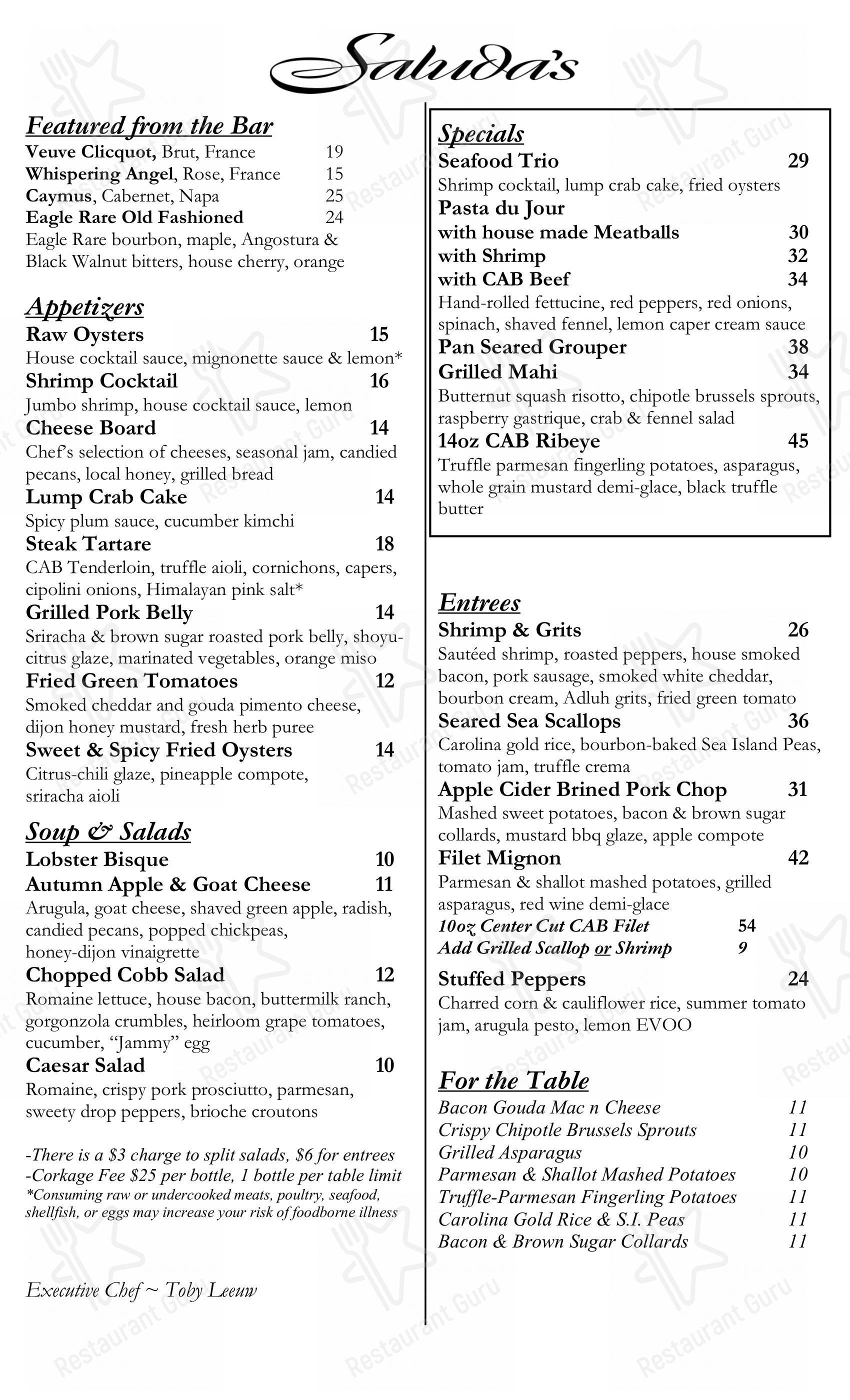 Menu at Saluda's Restaurant, Columbia