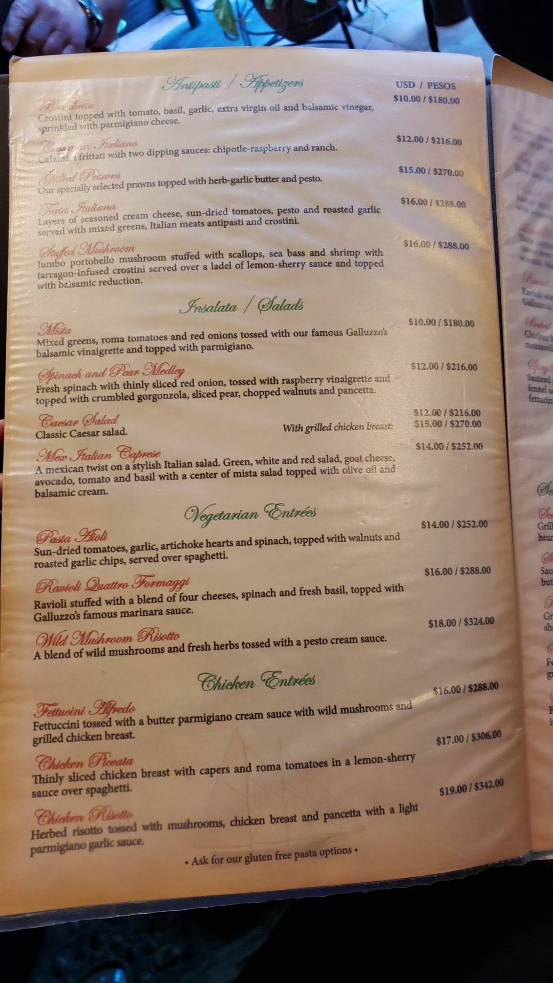 Menu at Salvatore G's restaurant, Cabo San Lucas