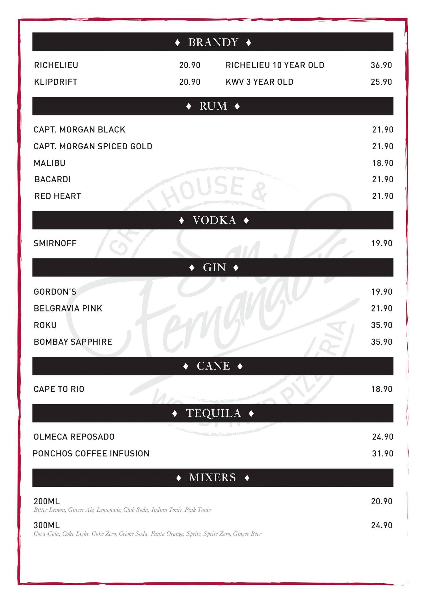 Menu at San Fernando's Grillhouse & Woodfired Pizzeria, Port Elizabeth