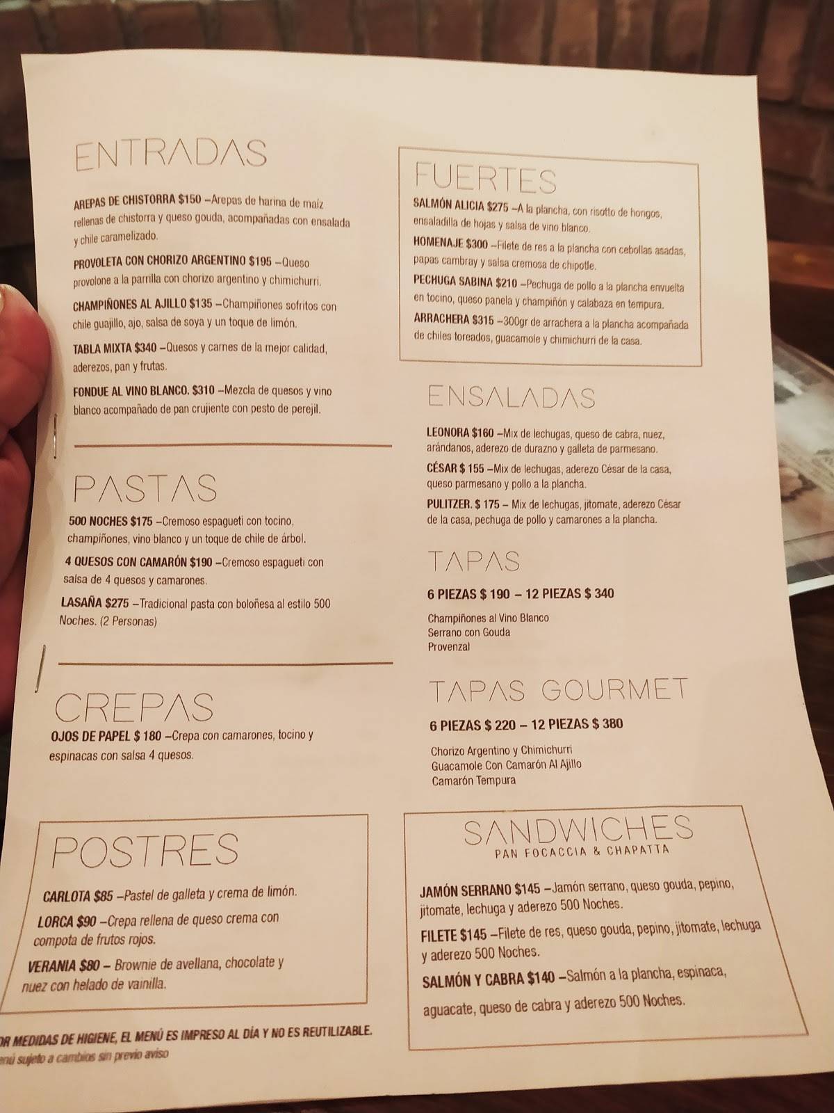 Carta de Café Bar 500 Noches San Luis, San Luis Potosi