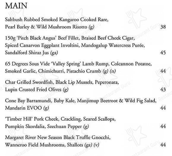 Menu at Sandalford Restaurant, Caversham