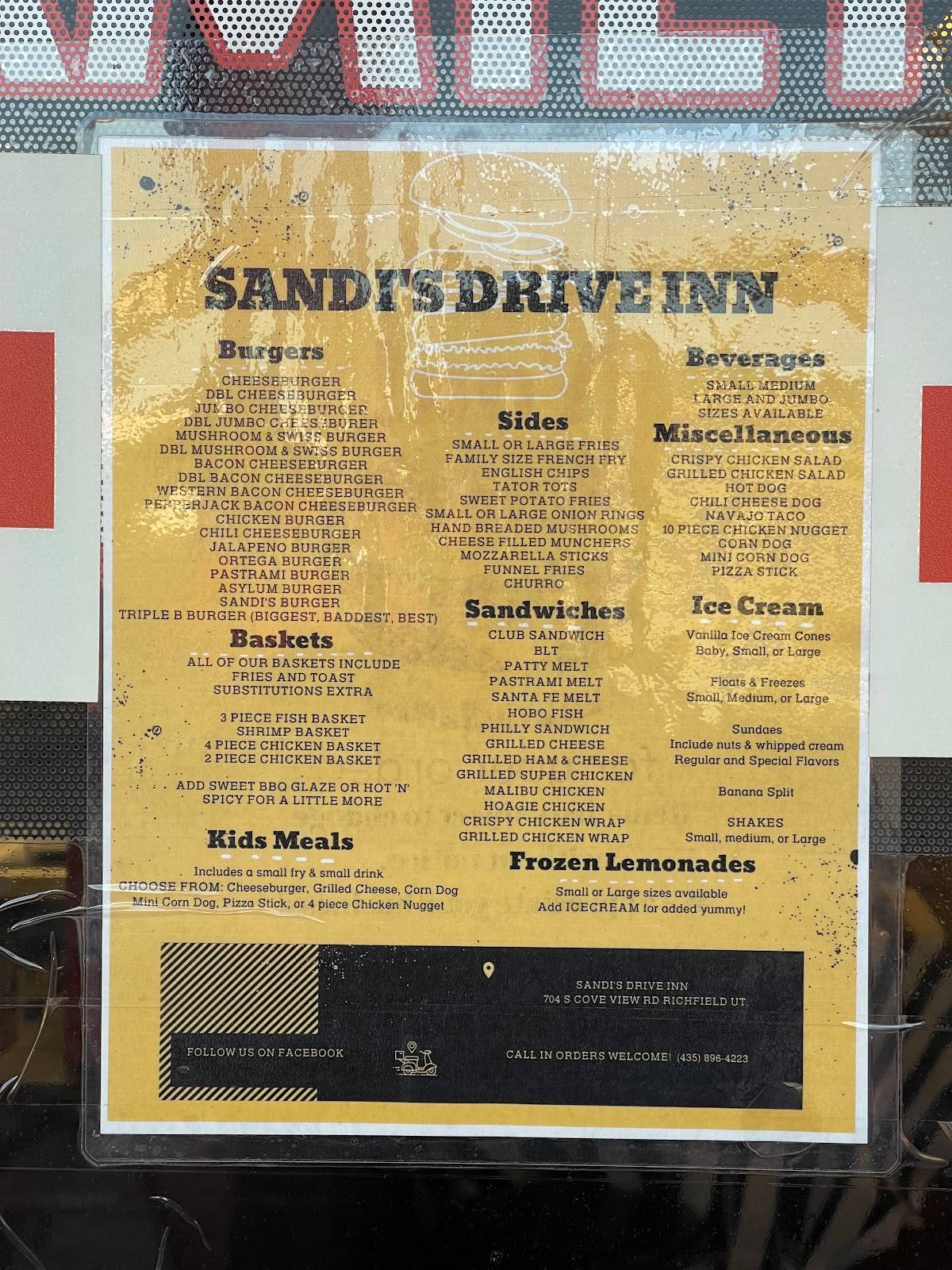 Menu at Sandi's Drive Inn restaurant, Richfield