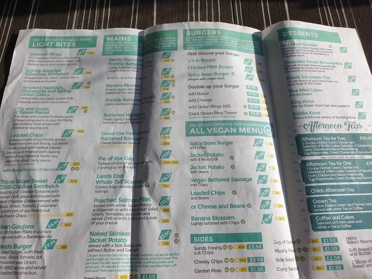 Menu at Sands by the Sea restaurant, Southend-on-Sea
