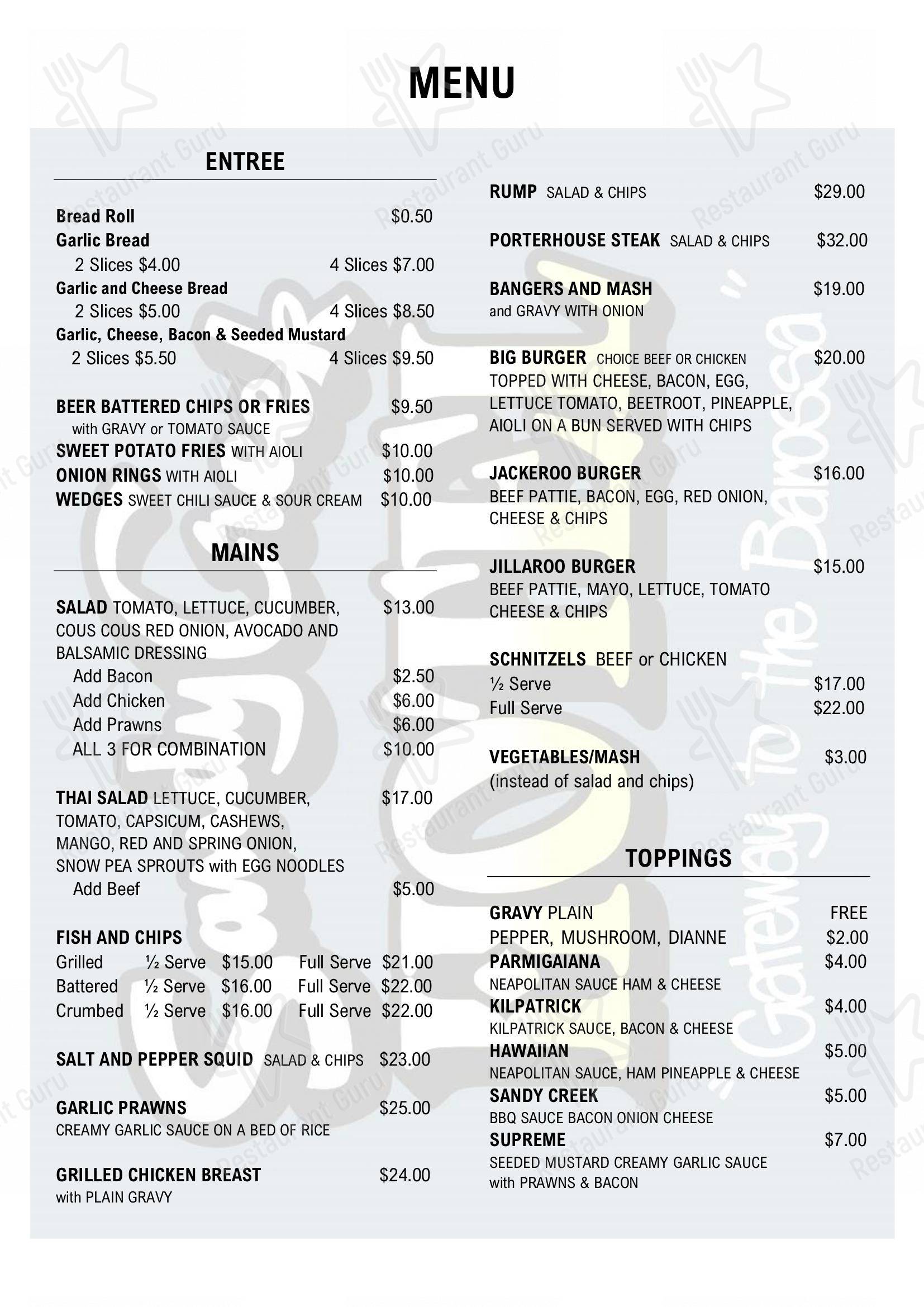 Menu at Sandy Creek Hotel pub & bar, Sandy Creek