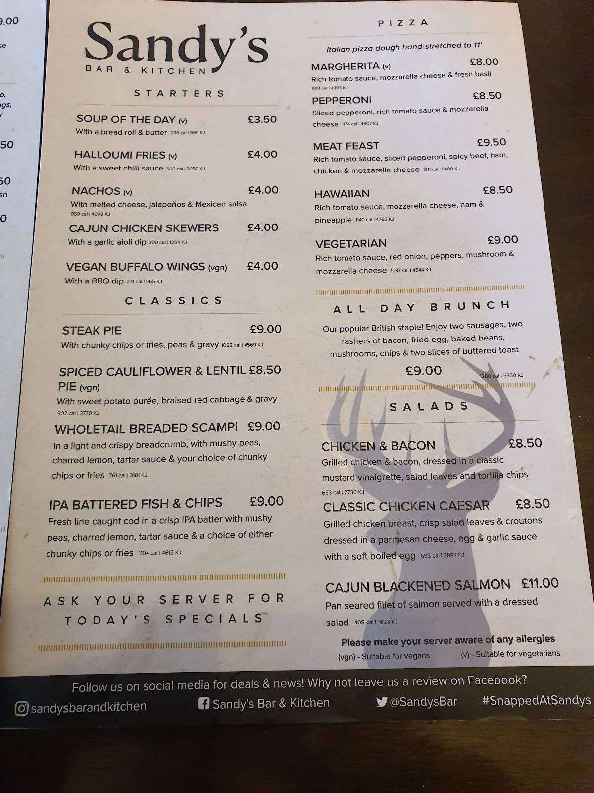 Menu at Sandy’s Bar & Kitchen, Mansfield