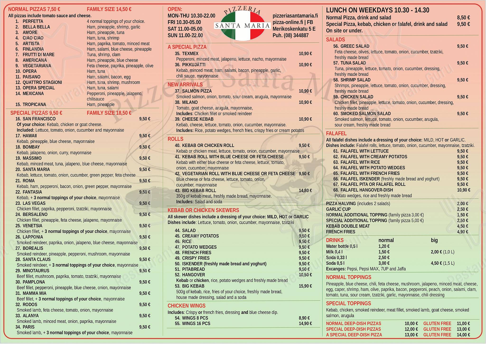 Menu at Pizzeria Santa Maria, Oulu