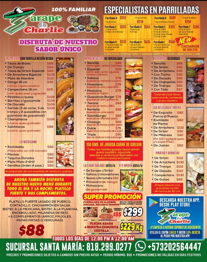 Carta del restaurante Sarape De Charlie, Guadalupe