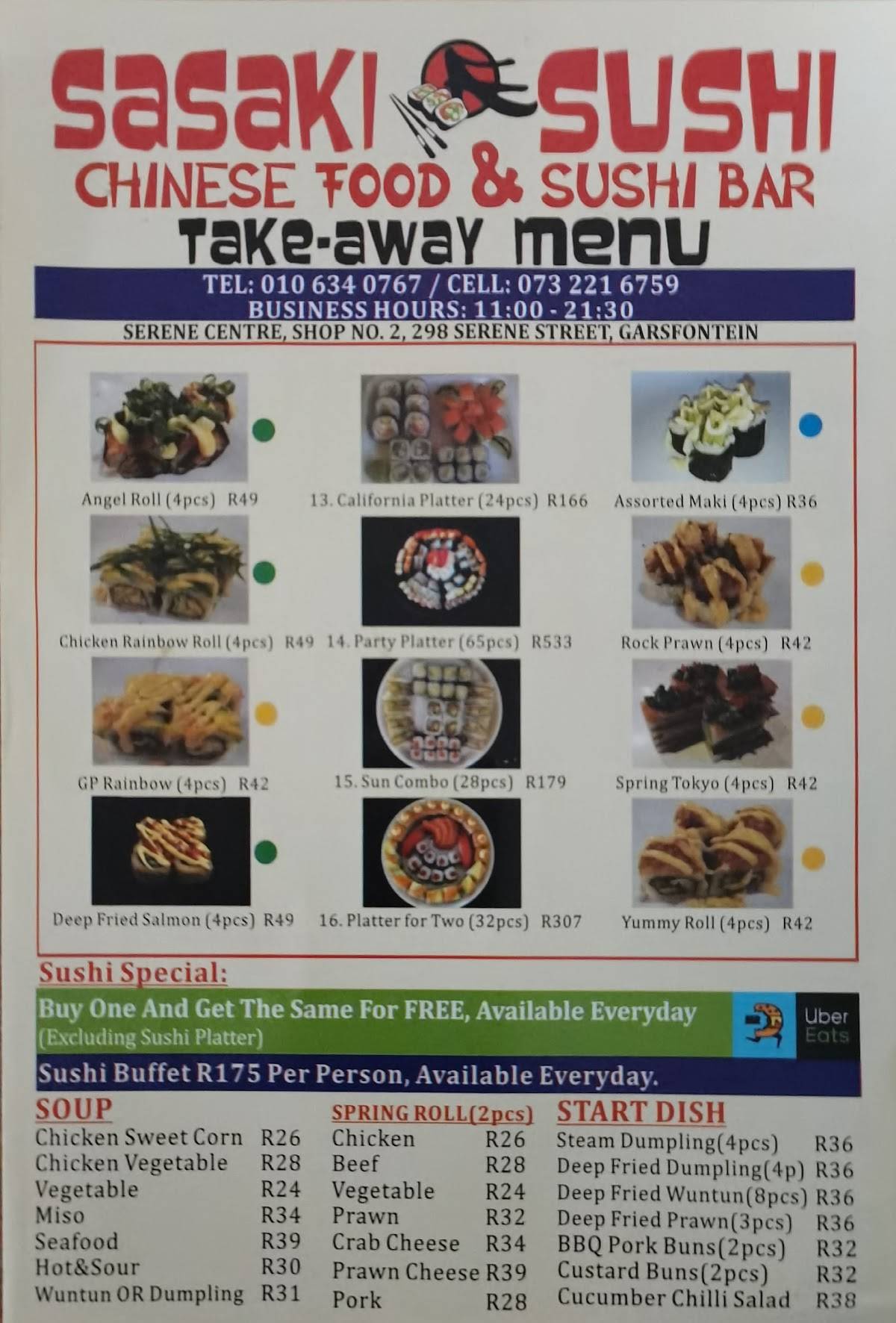 Menu at Sasaki Sushi Chinese Food Serene restaurant, Pretoria