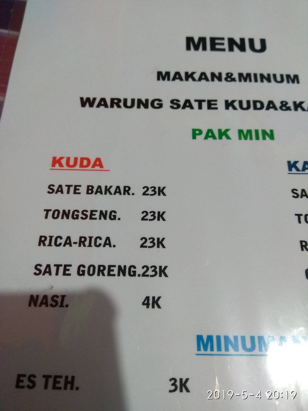 Menu at Sate Kuda Jogja restaurant, Yogyakarta