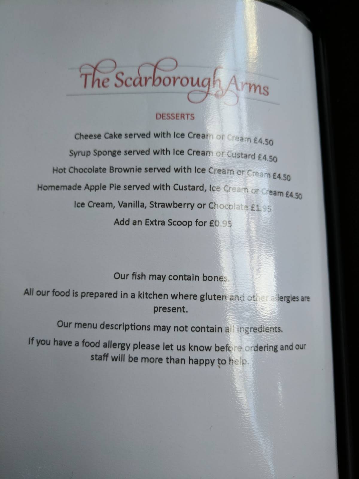 Menu at Scarborough Arms pub & bar, Scarborough