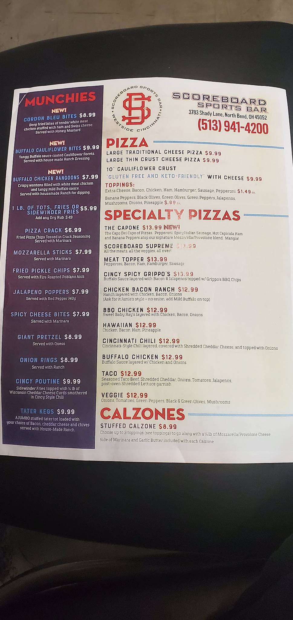 Menu at Scoreboards Sports Bar, North Bend, Shady Ln