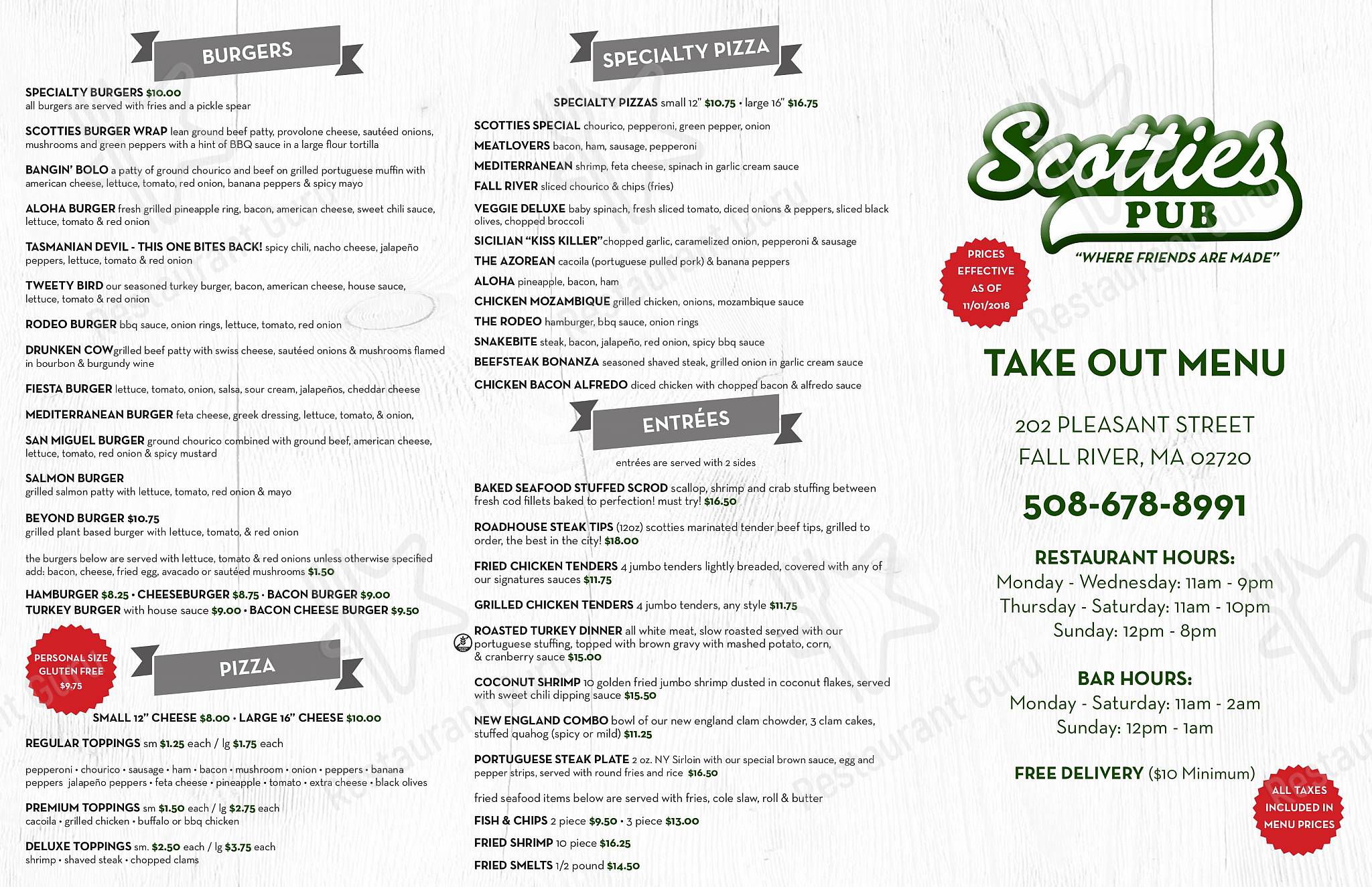 Menu at Scotties Pub, Fall River, 202 Pleasant St