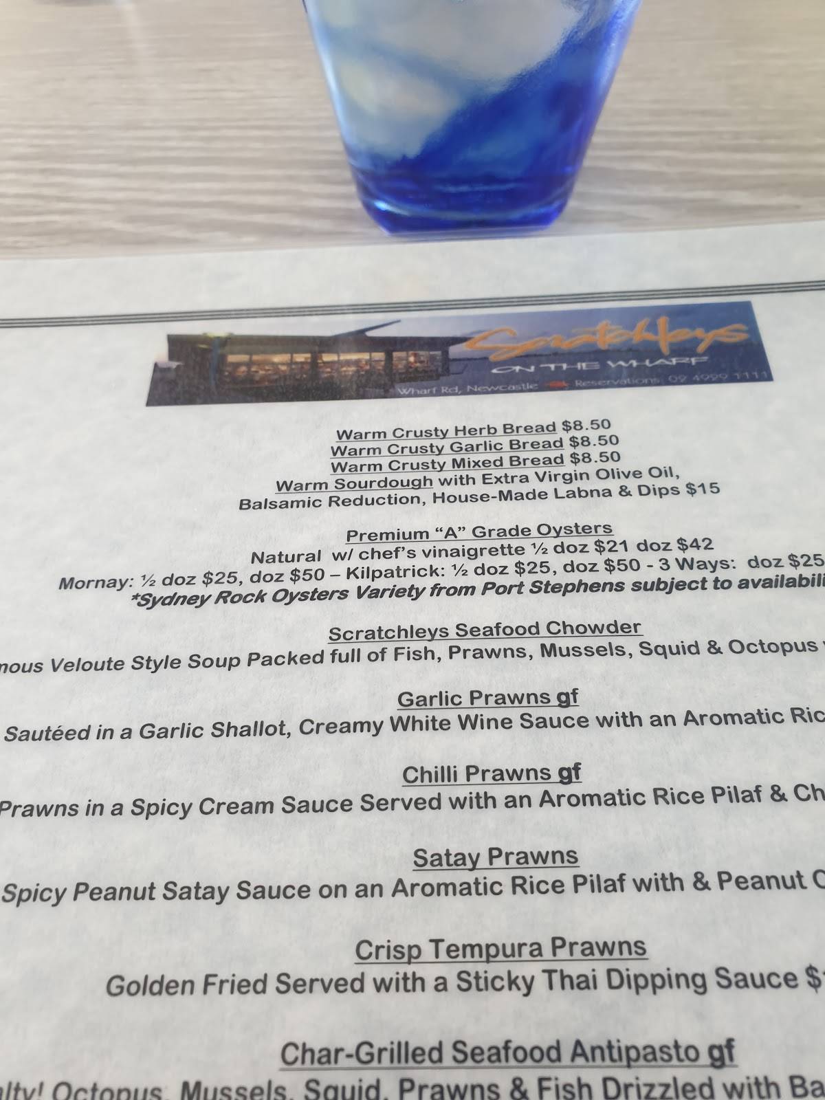 Menu at Scratchleys on the Wharf restaurant, Newcastle, 200 Wharf Rd