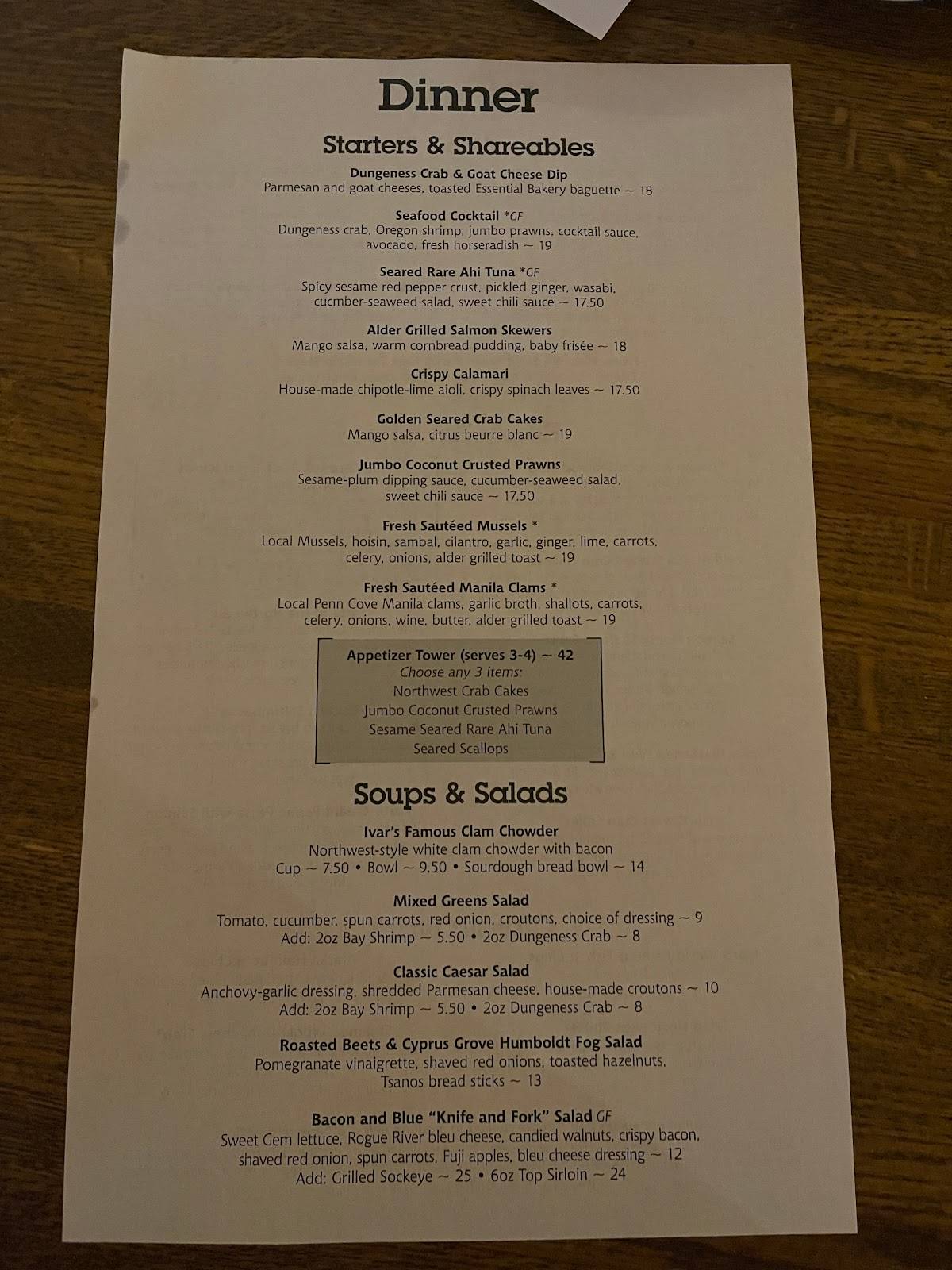 Menu at Ivar's Salmon House restaurant, Seattle