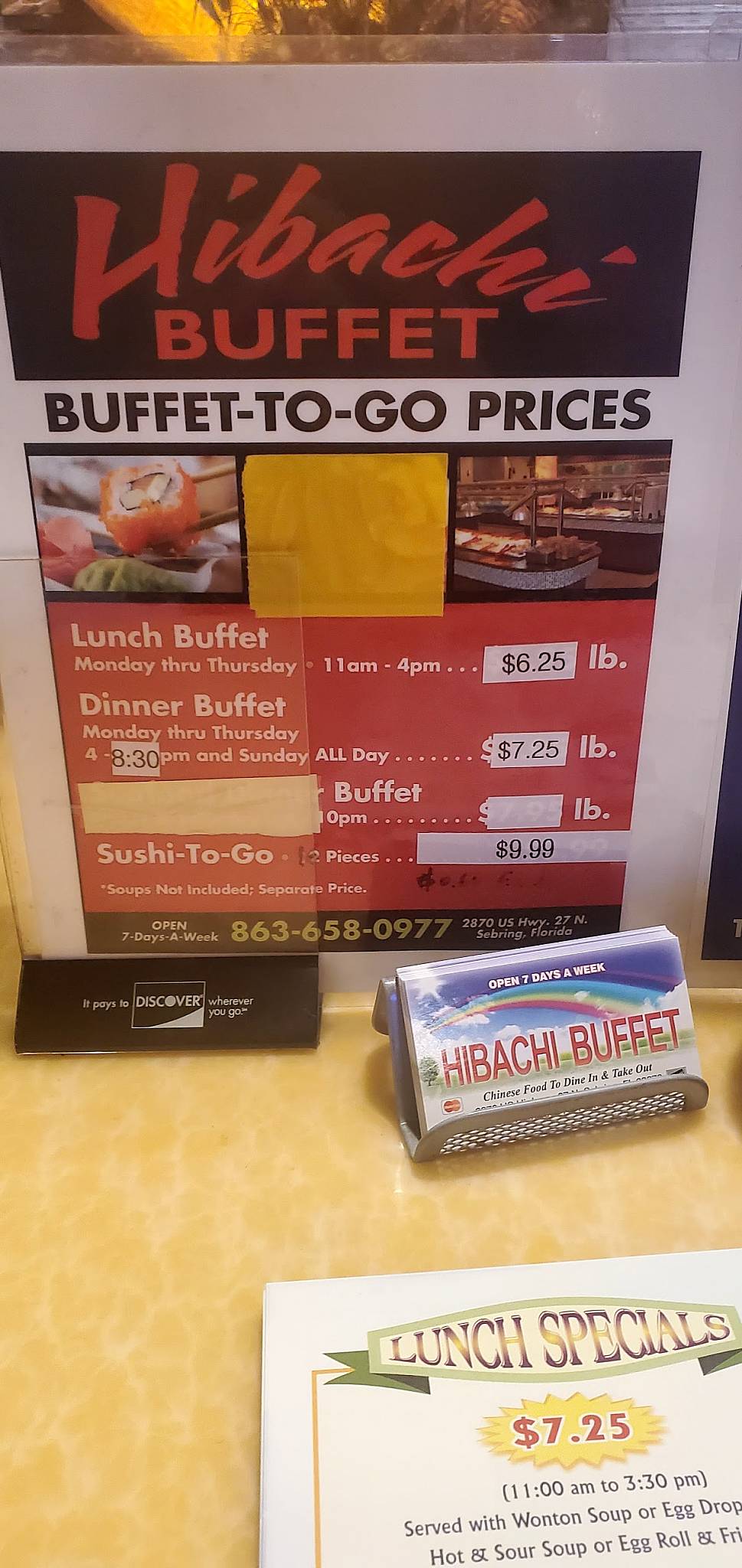 Menu at Hibachi Buffet restaurant, Sebring, US Hwy 27 N