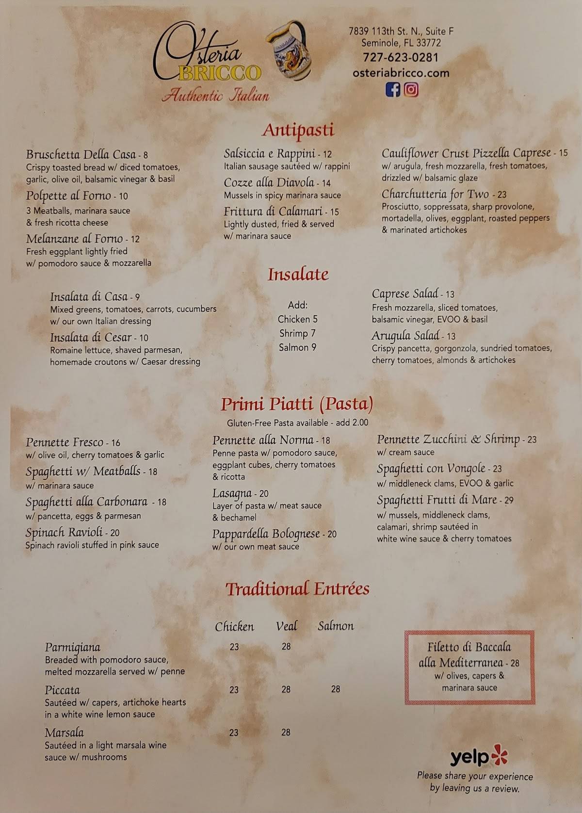 Menu at Osteria Bricco pizzeria, Seminole