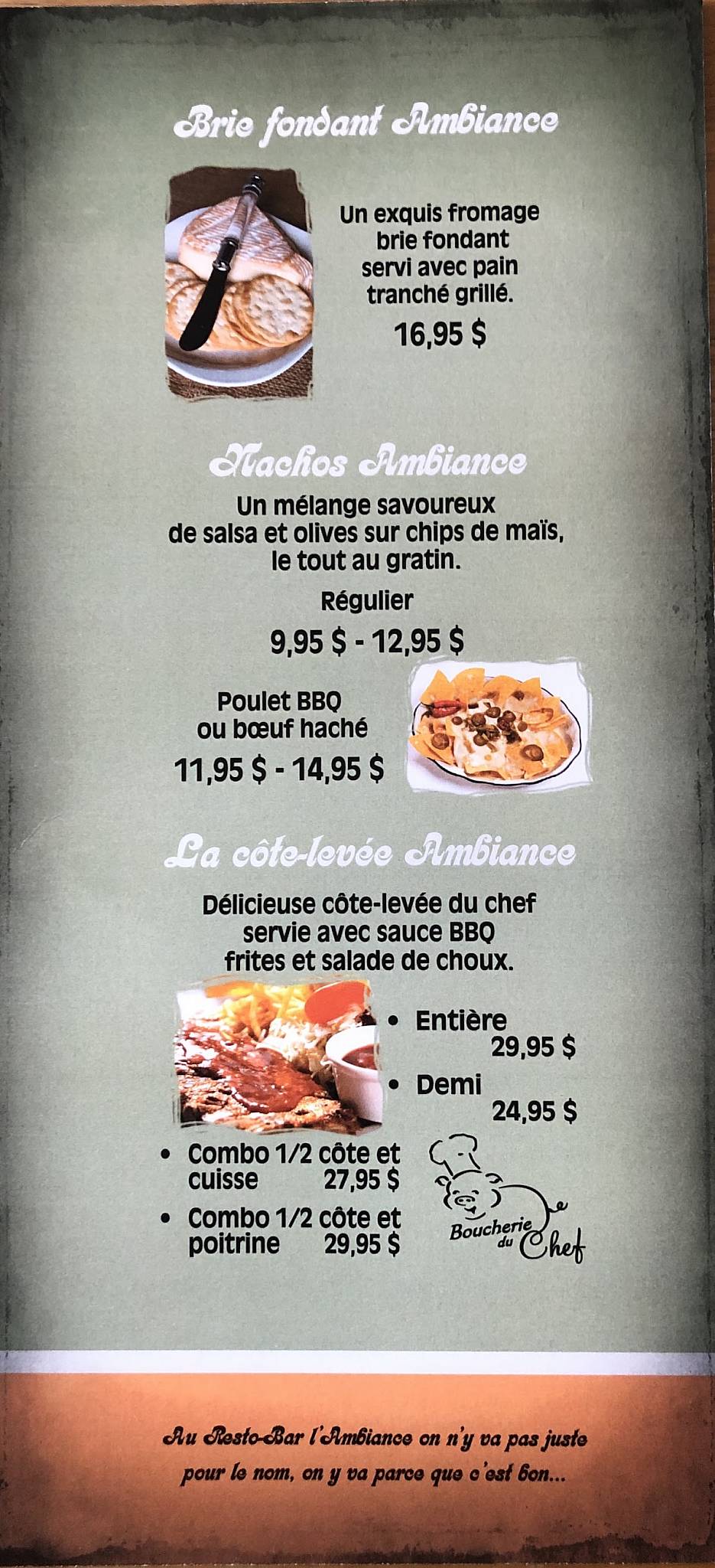 Menu au RESTO-BAR L'AMBIANCE, Sept-Iles