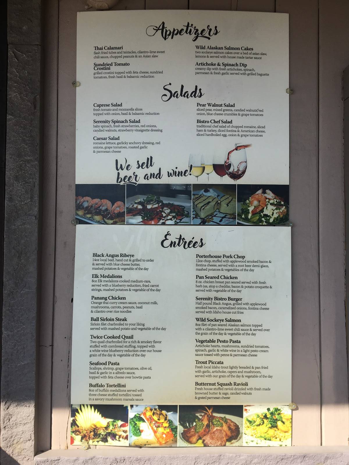 Menu at Serenity Bistro restaurant, West Yellowstone