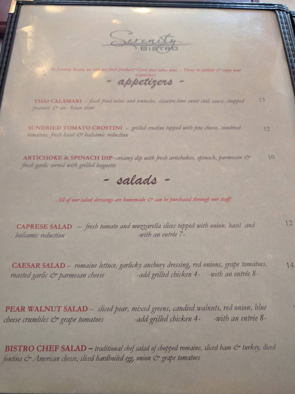 Menu at Serenity Bistro restaurant, West Yellowstone