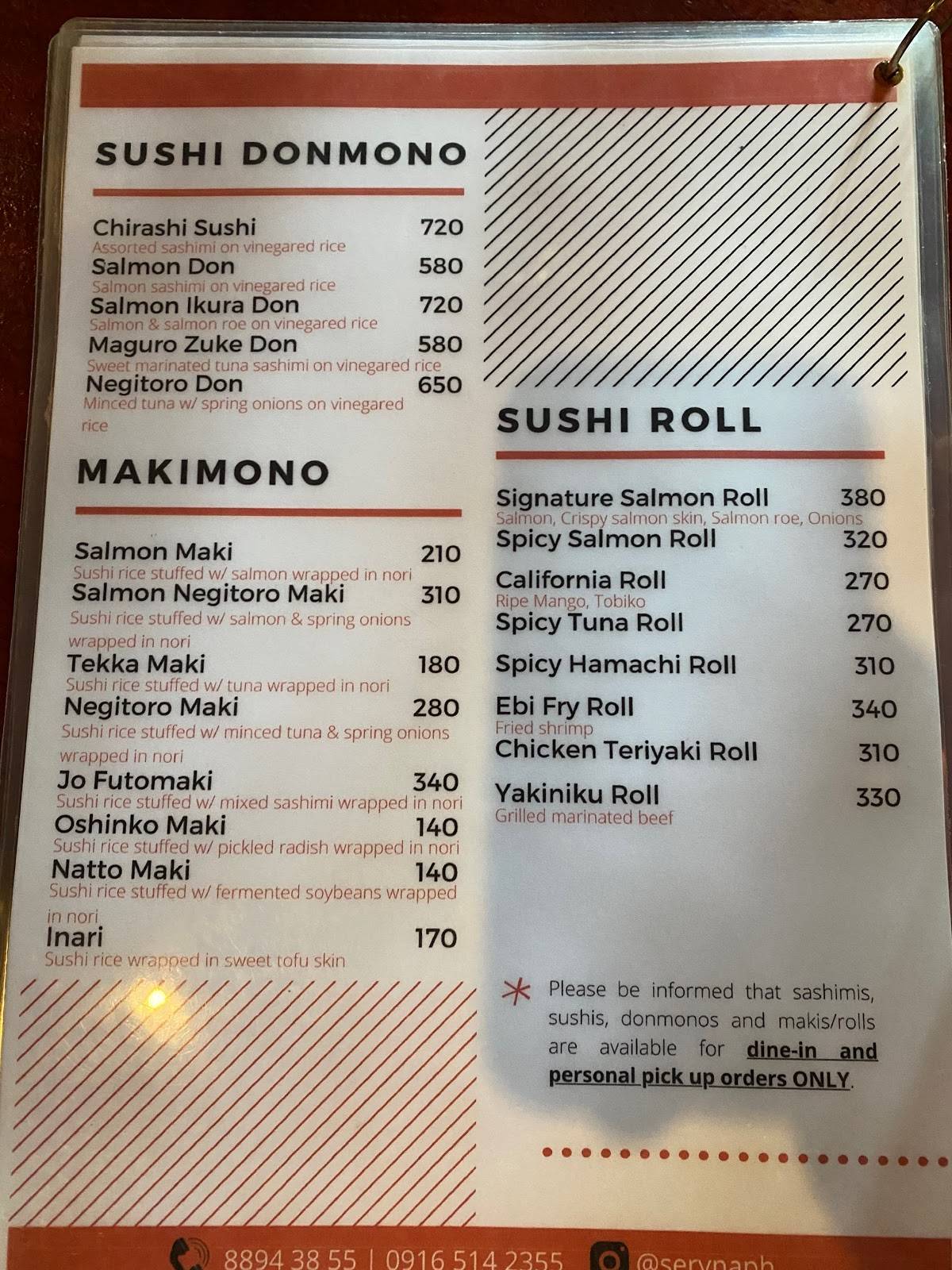 Menu at Seryna Japanese Restaurant, Makati, Chino Roces Ave