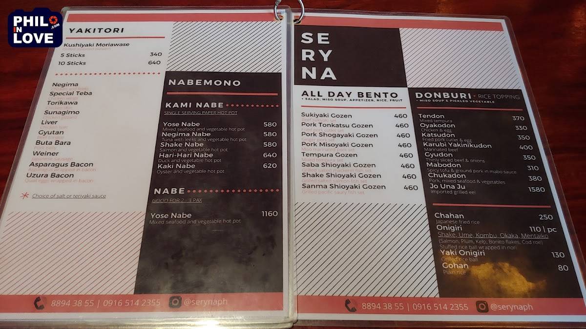 Menu at Seryna Japanese Restaurant, Makati, Chino Roces Ave