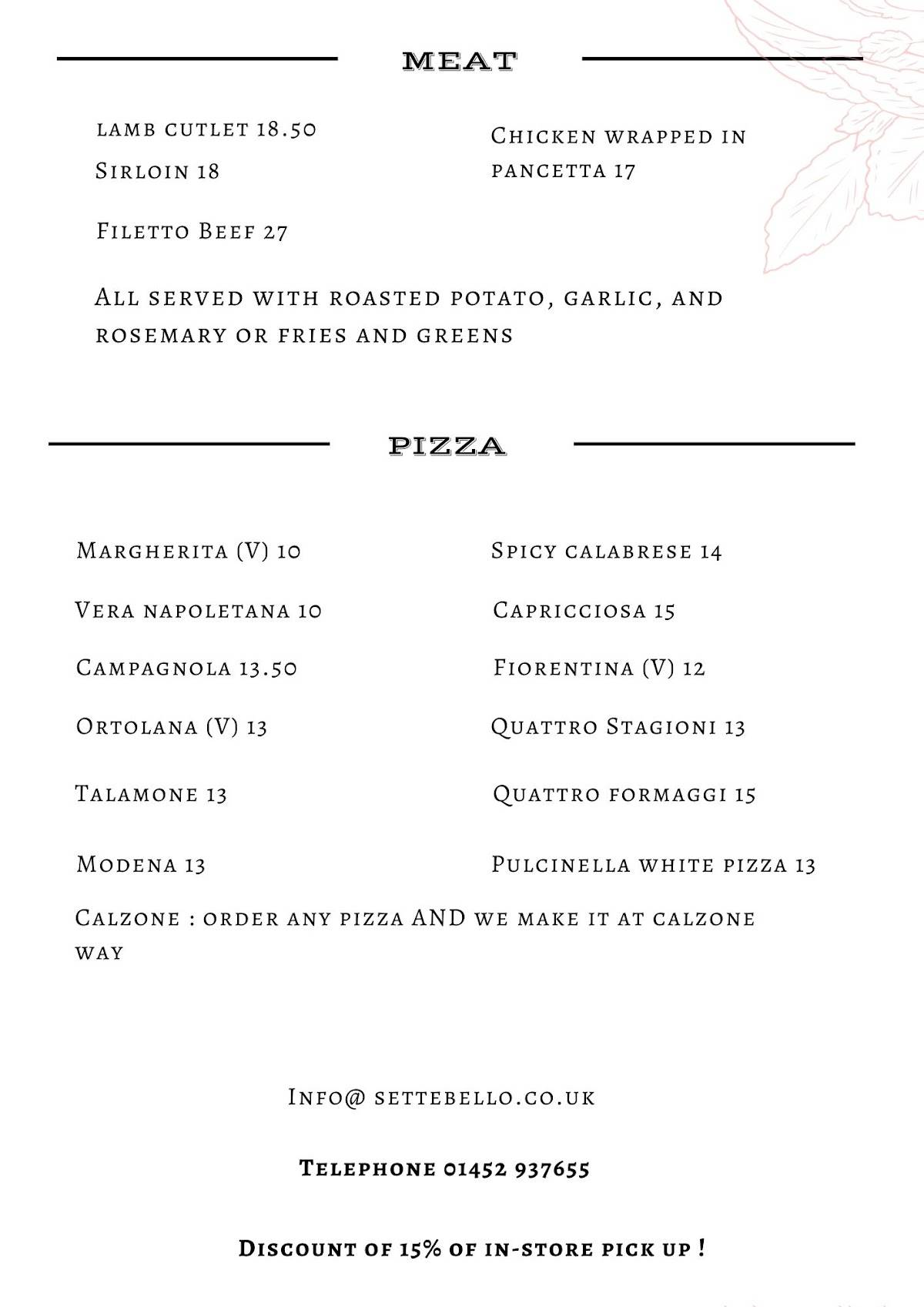 Menu at Settebello Trattoria restaurant, Gloucester
