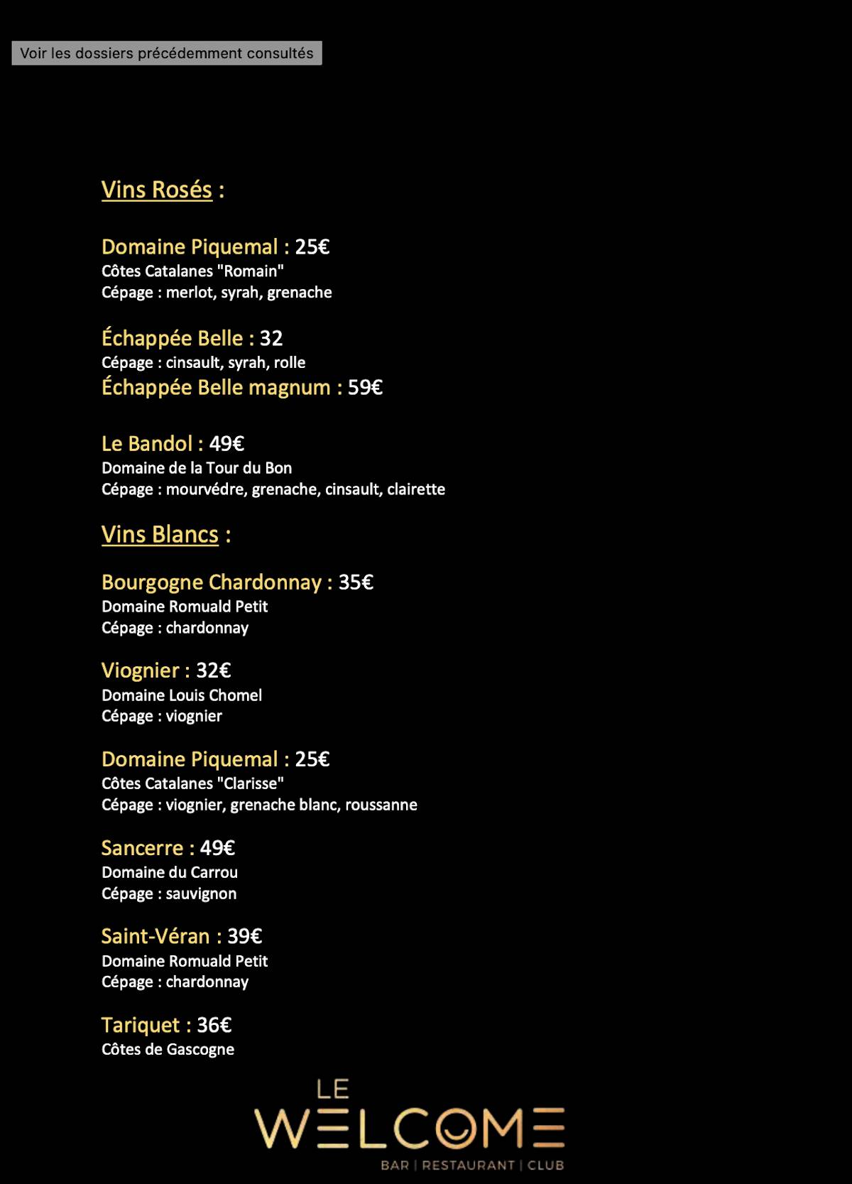 Menu au Le Welcome l Bar Restaurant Club, Seyssinet-Pariset
