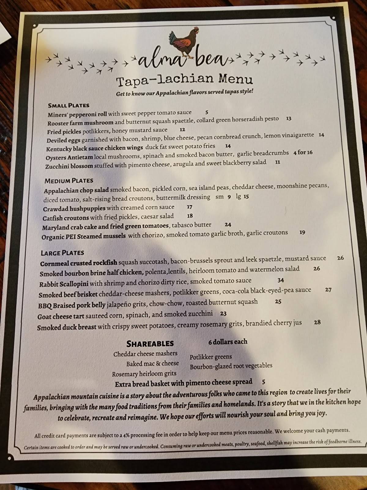 Menu at Alma Bea pub & bar, Shepherdstown