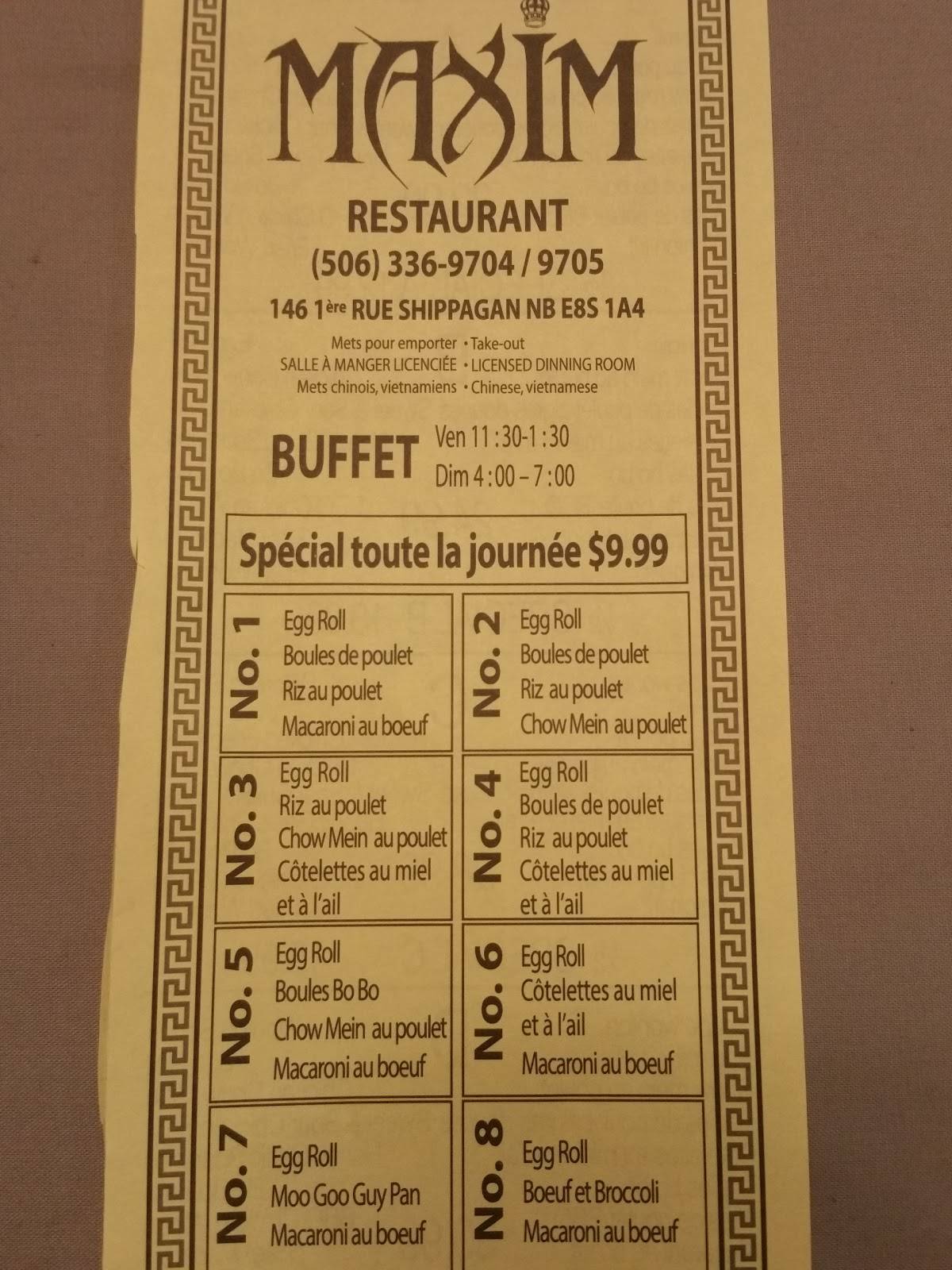 Menu au Saigon Maxim restaurant, Shippagan