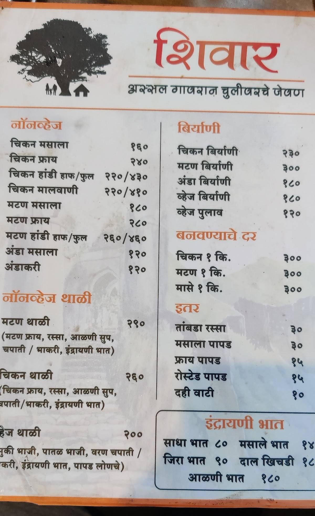 Menu at Shivar - The Rural Maharashtrian Food, Pune