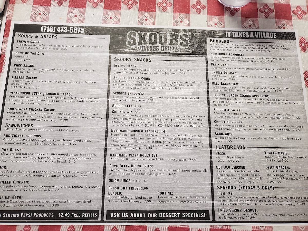 Menu at Skoob's Village Grille pub & bar, Lancaster