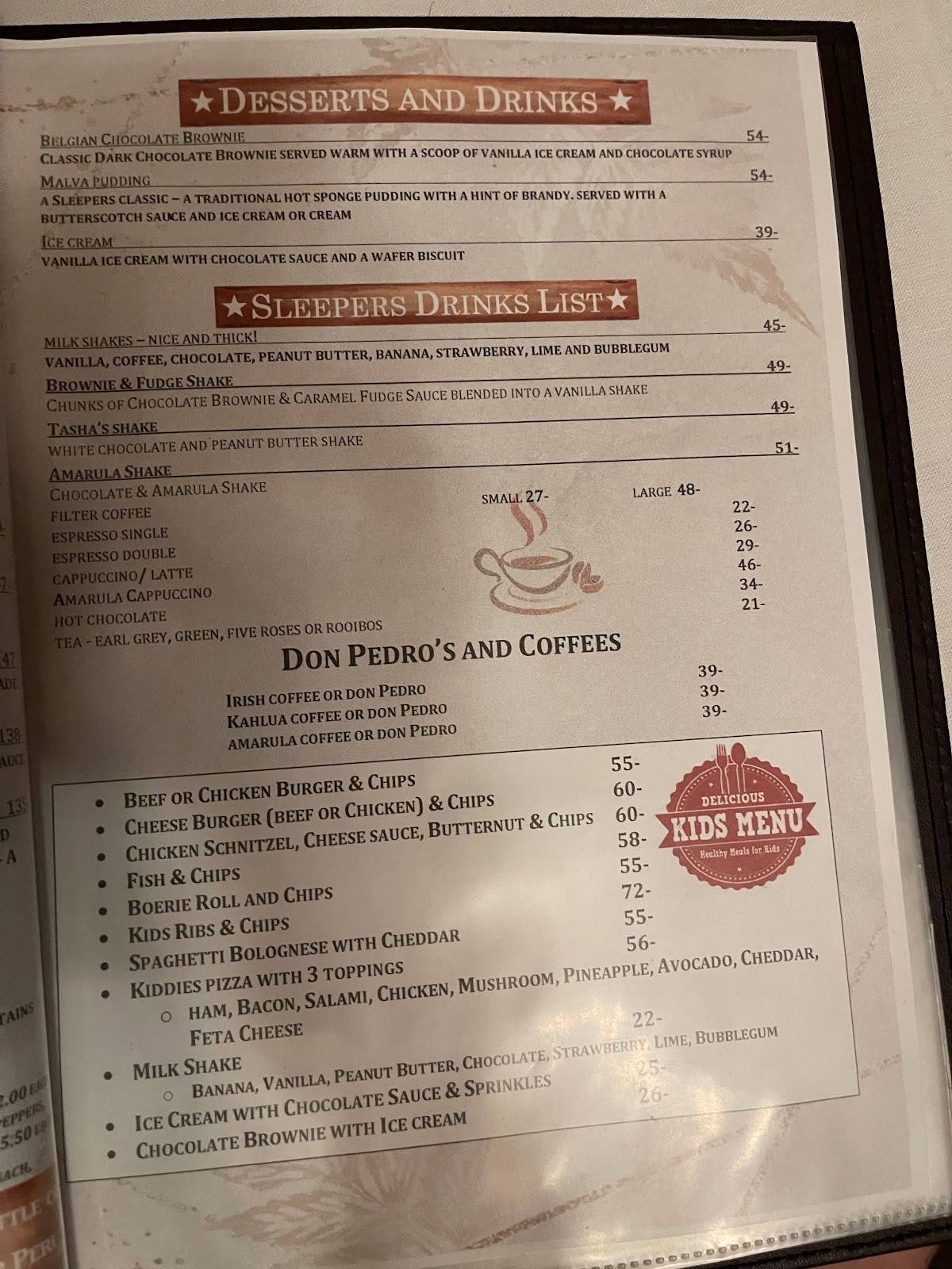 Menu at Sleepers Railway Station Restaurant., Hoedspruit