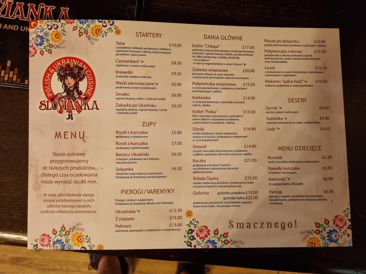 Menu at Slovianka Polish & Ukrainian cuisine restaurant, Coventry