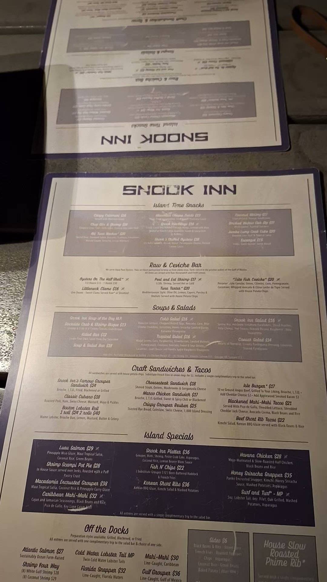 Menu at Snook Inn pub & bar, Marco Island